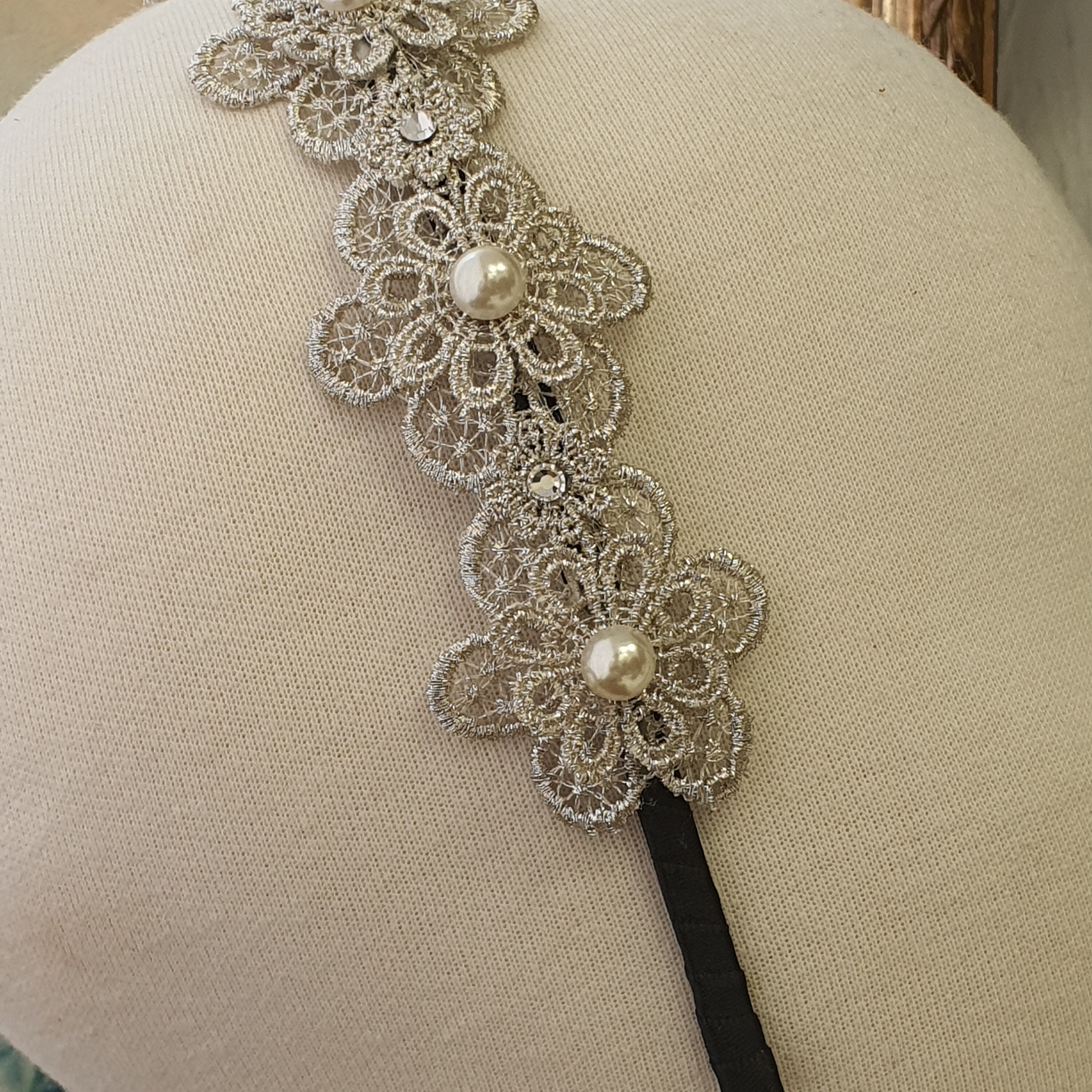 Metallic Lace Silver Glittering Flower Motif Headband Bridal Wedding ...