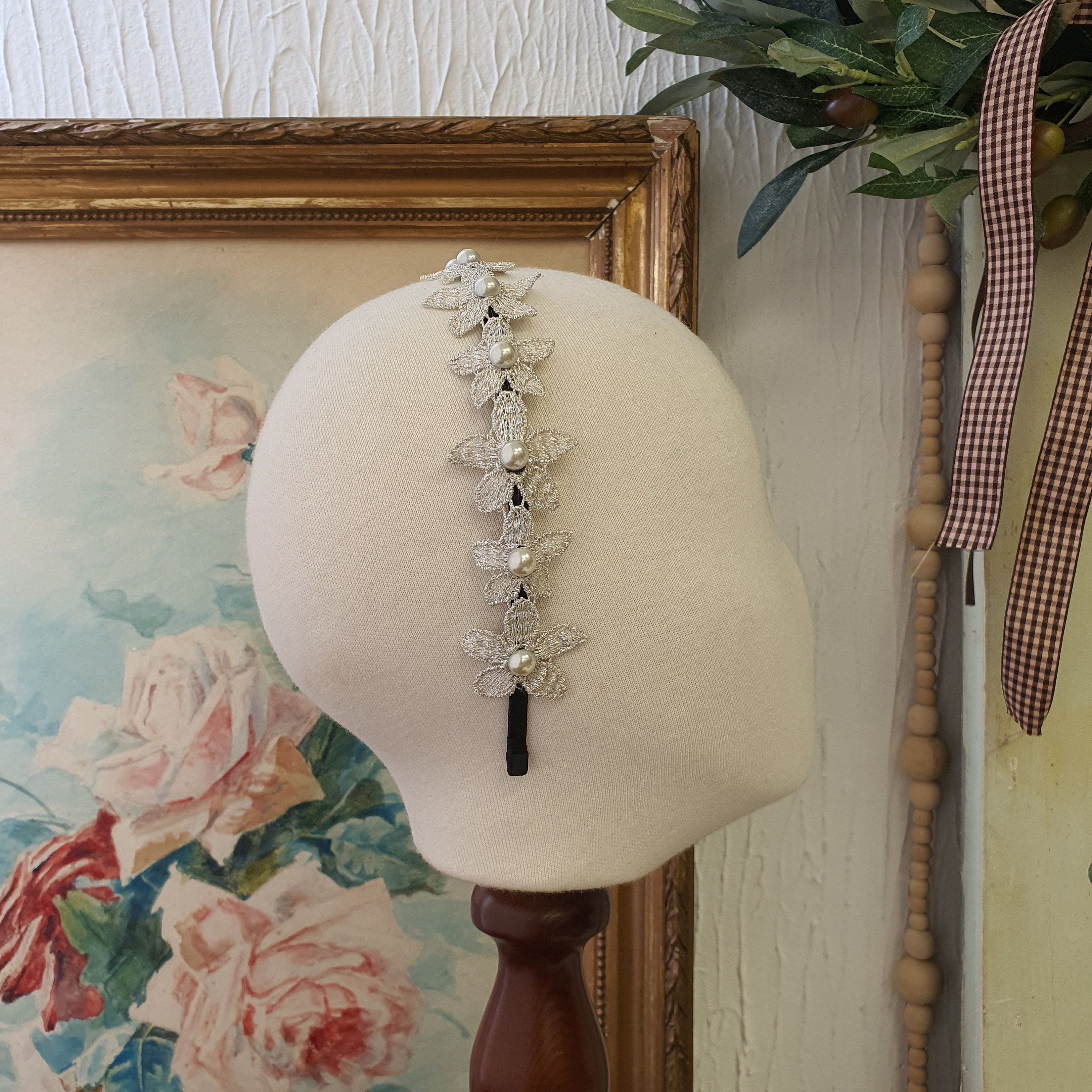 Metallic Lace Silver Glittering Flower Motif Headband Bridal Wedding ...