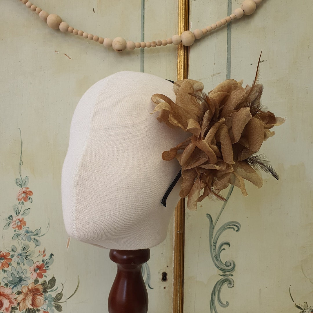 Camel Colour Fabric Feather Decorated Flower Headband Fascinator Skinny ...