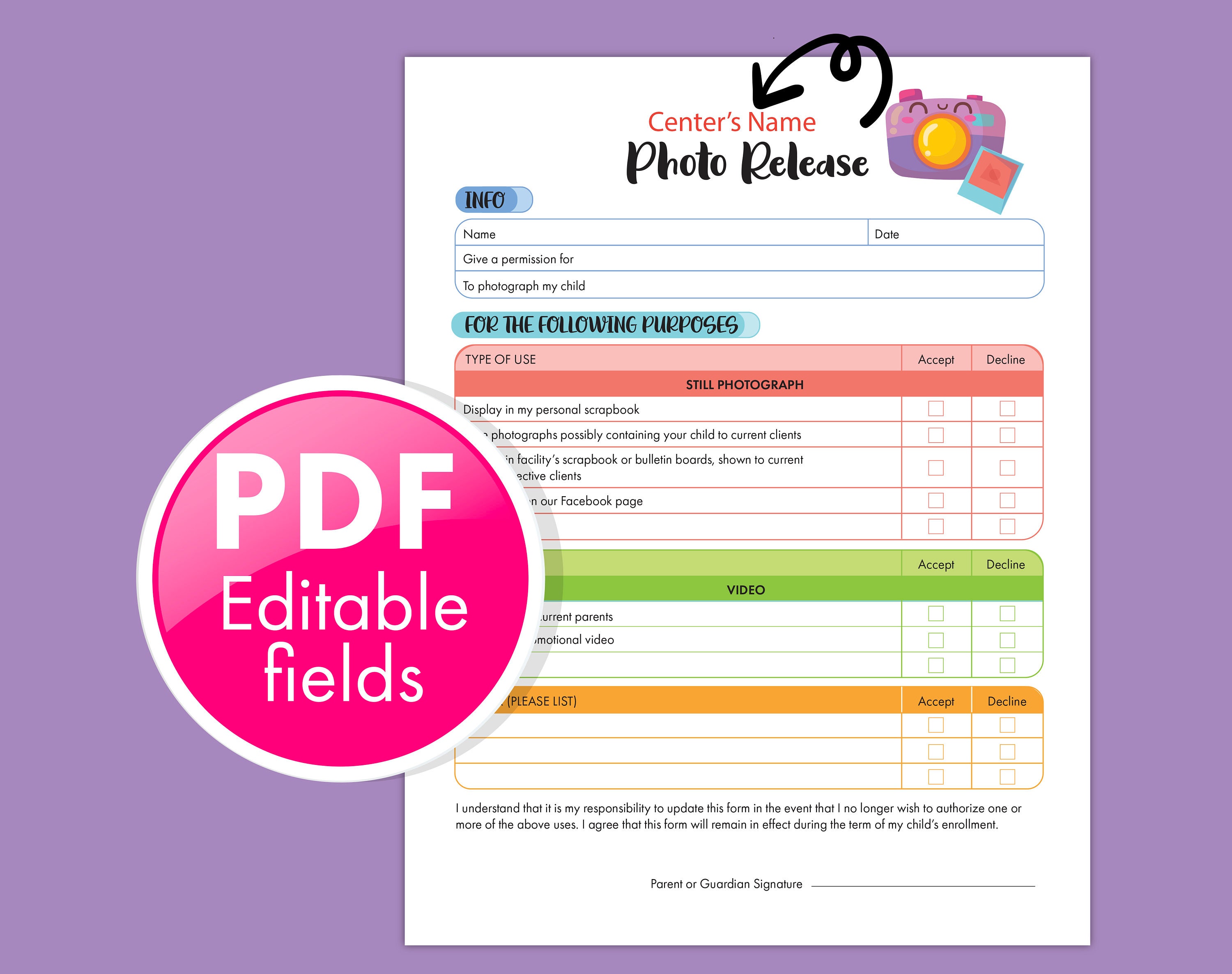 Childcare Photo Release Form - Daycare, Preschool, In-home Providers ...