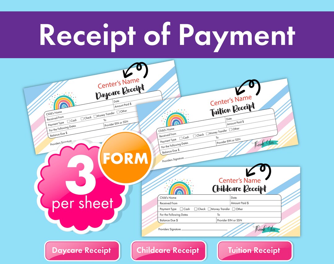 Childcare Receipt Payment Forms - Colorful Daycare Receipts for Daycare ...