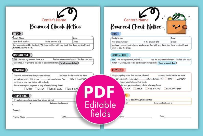 Bounced Check Notice Form for Daycare Providers - Fillable PDF Template ...