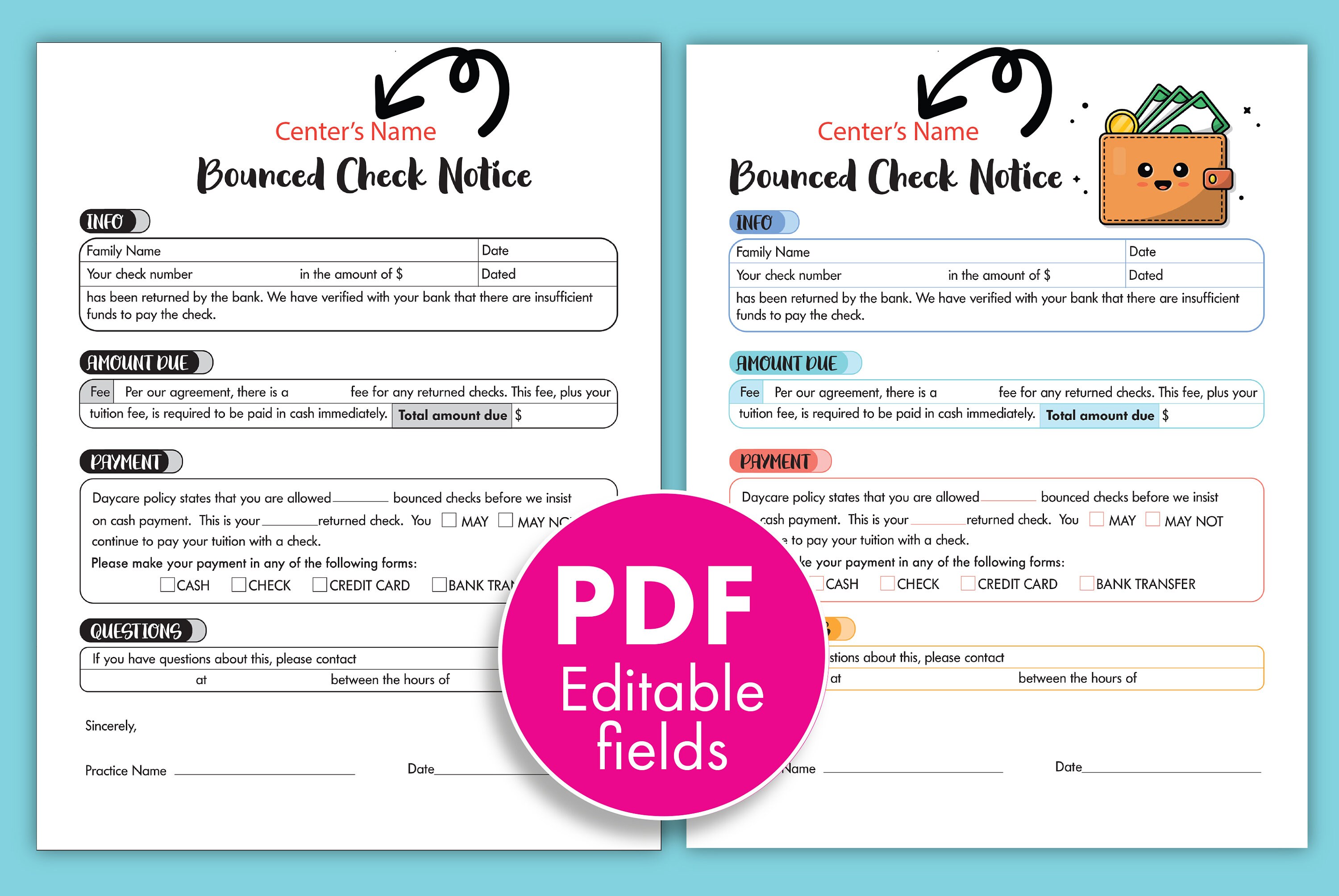 Bounced Check Notice Form for Daycare Providers - Fillable PDF Template ...