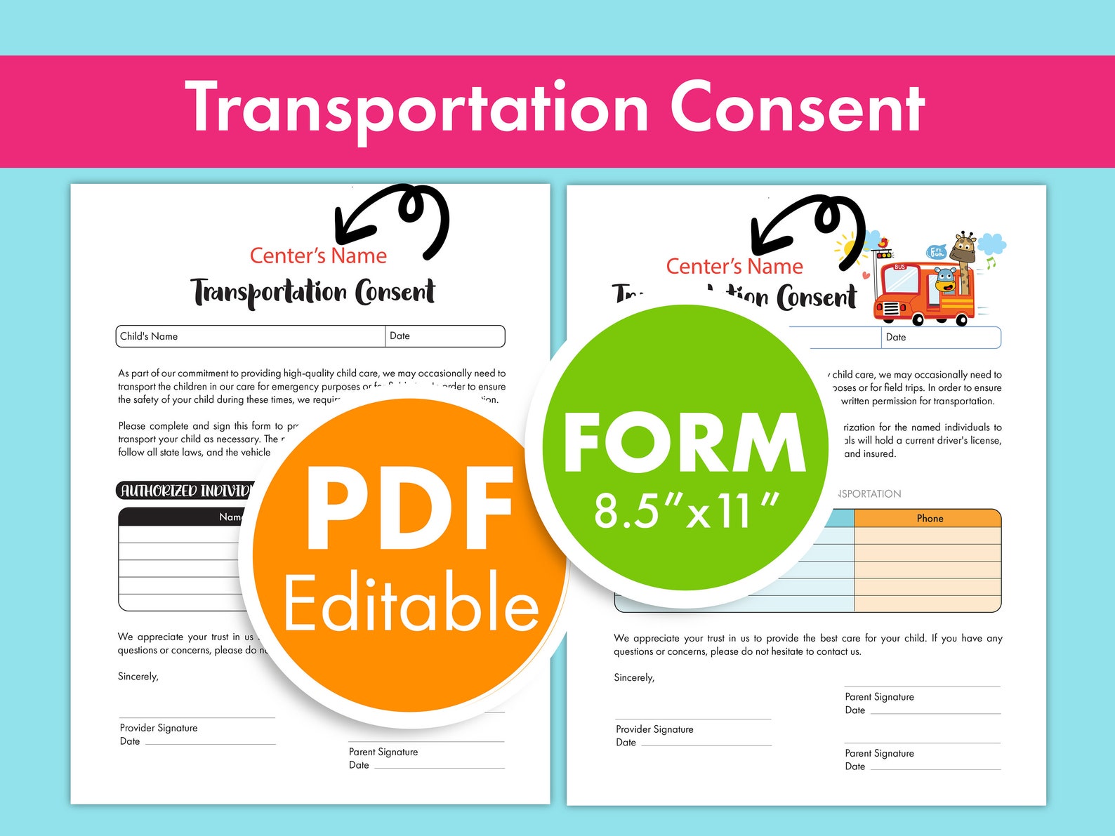 Transportation Consent Form, Perfect for Daycare, Childcare, Preschool ...