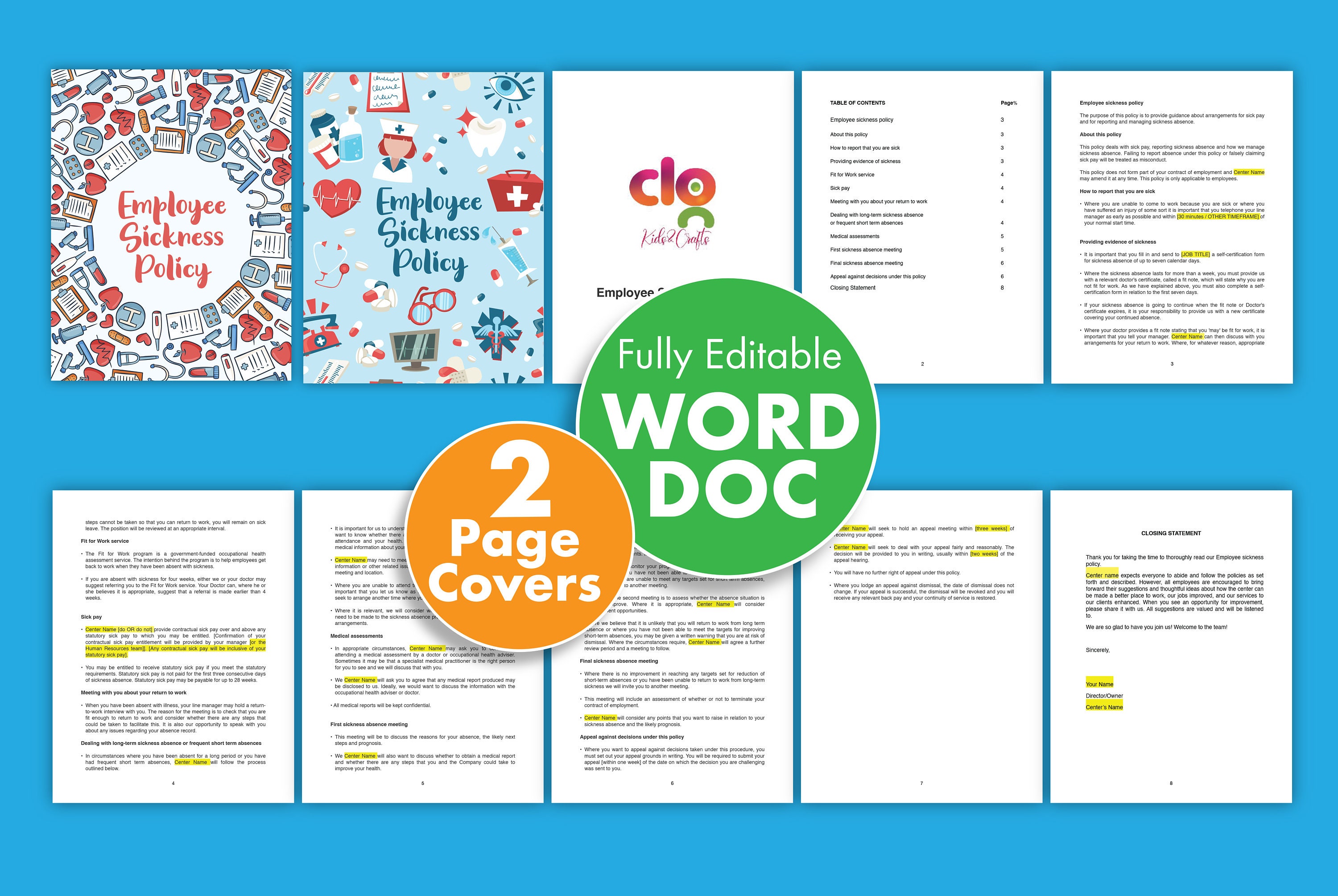Employee Illness Policy - Fully Editable Word Document for Daycare ...