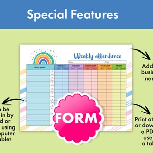 Rainbow Weekly Attendance Form - Essential for Daycare, Childcare, Preschool, and Home Daycare ...