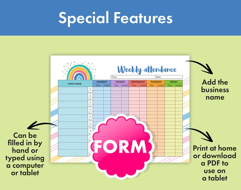 Rainbow Weekly Attendance Form - Essential for Daycare, Childcare ...