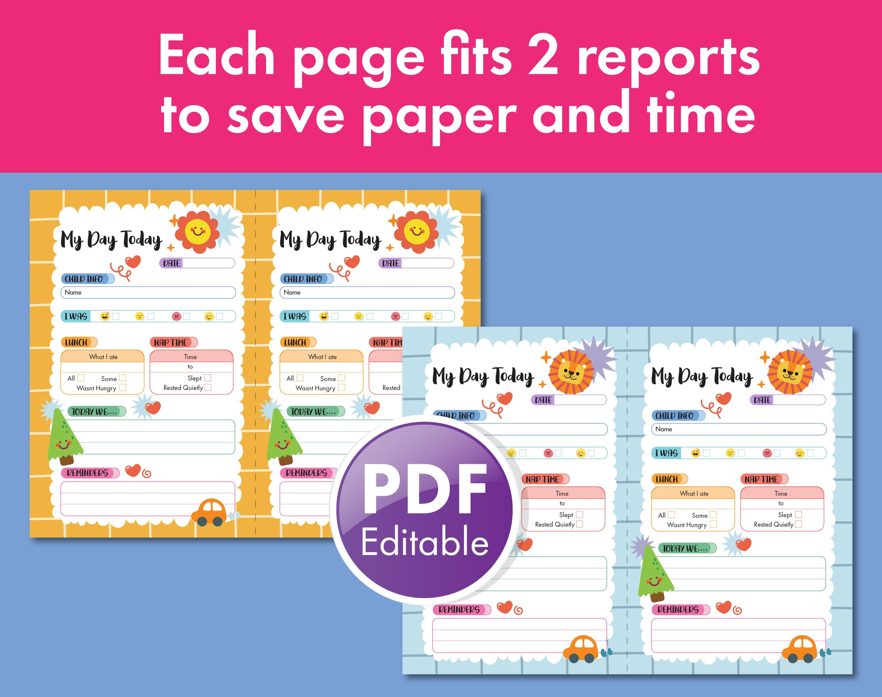 Daily Report Form for Daycare and Preschool | 2 per Page | Editable PDF ...