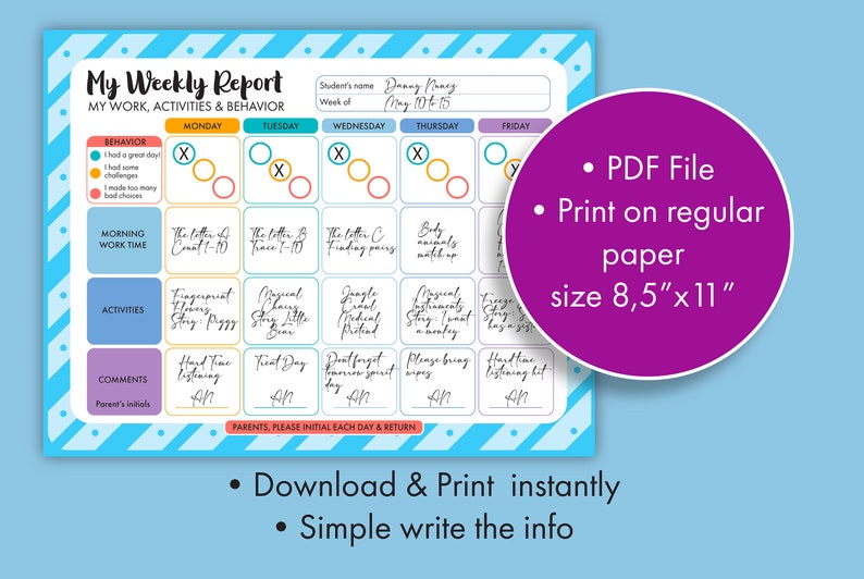 Daycare Behavior Chart: Printable Preschool Weekly Report ...