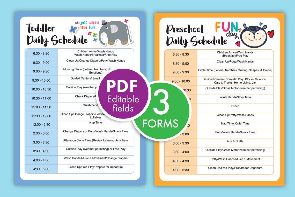 DAILY SCHEDULES for Daycare. Childcare Center Printable Forms. - Etsy