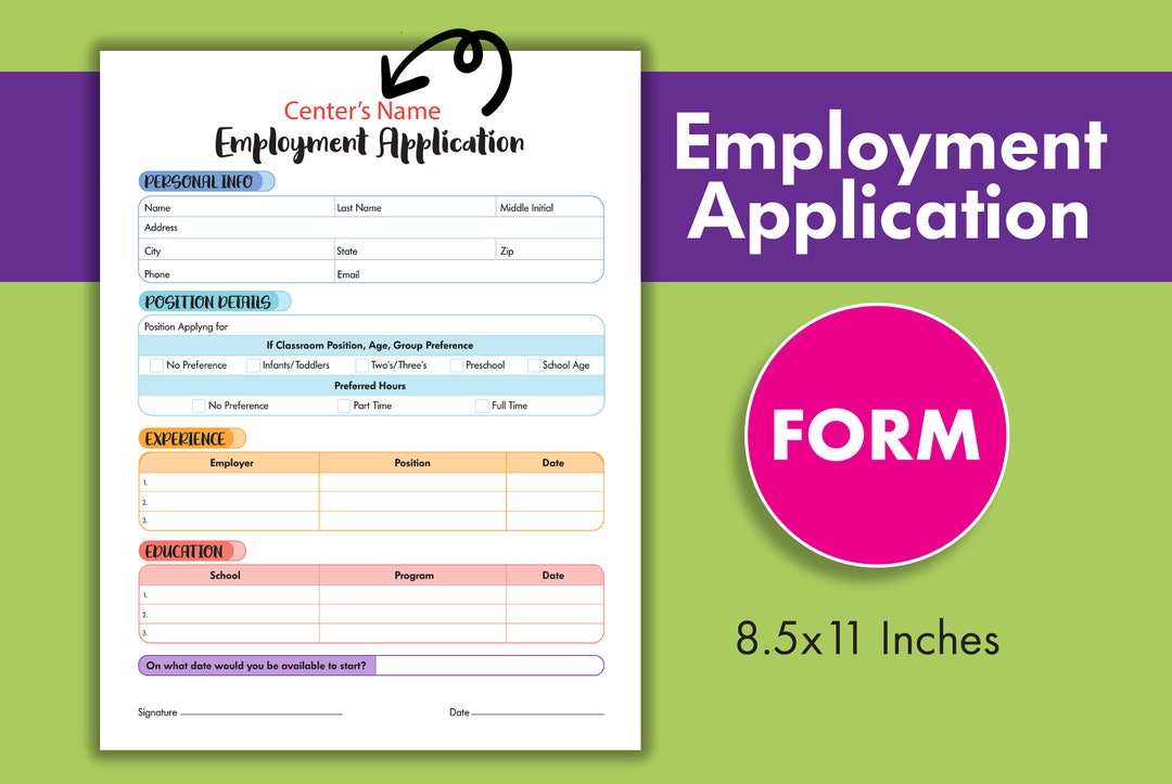 Employee Application Form Ideal for Daycare, Preschool, In-home ...
