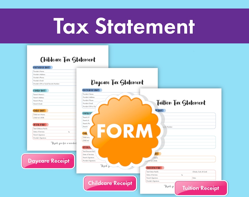 TAX STATEMENT, Childcare, Daycare, Tuition, Preschool, in Home Daycare ...