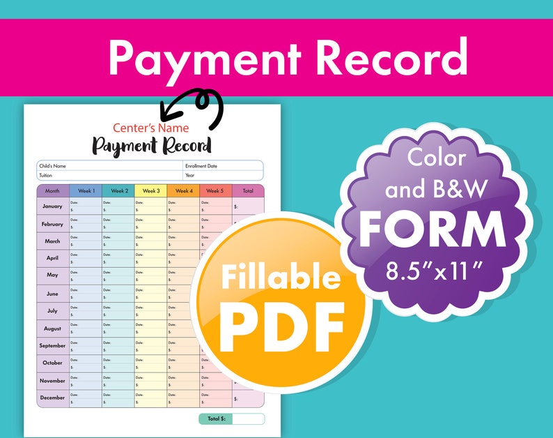 Daycare Payment Record and Tuition Log - Home Daycare, Income Tracker ...