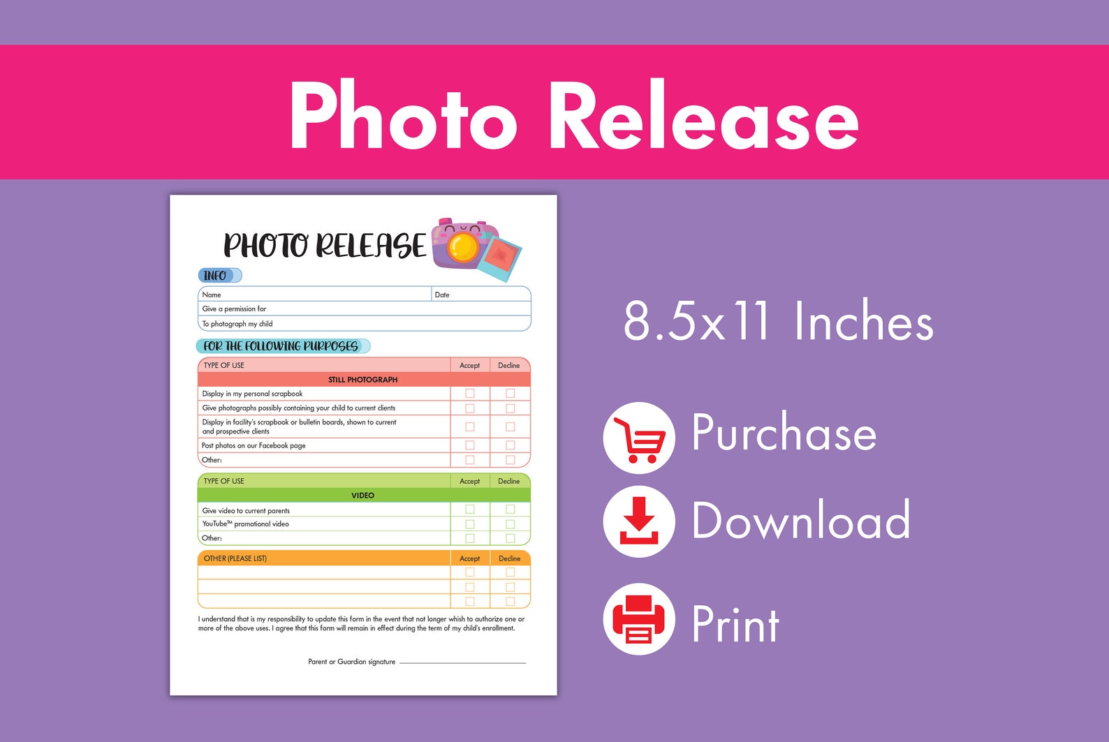 Childcare Photo Release Form Ideal for Daycare, Preschool, and In-home ...