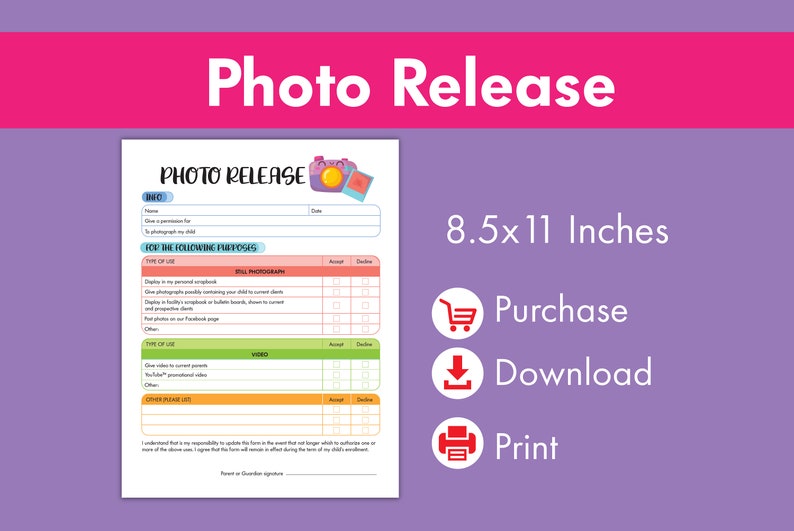 Childcare Photo Release Form Ideal for Daycare, Preschool, and In-home ...