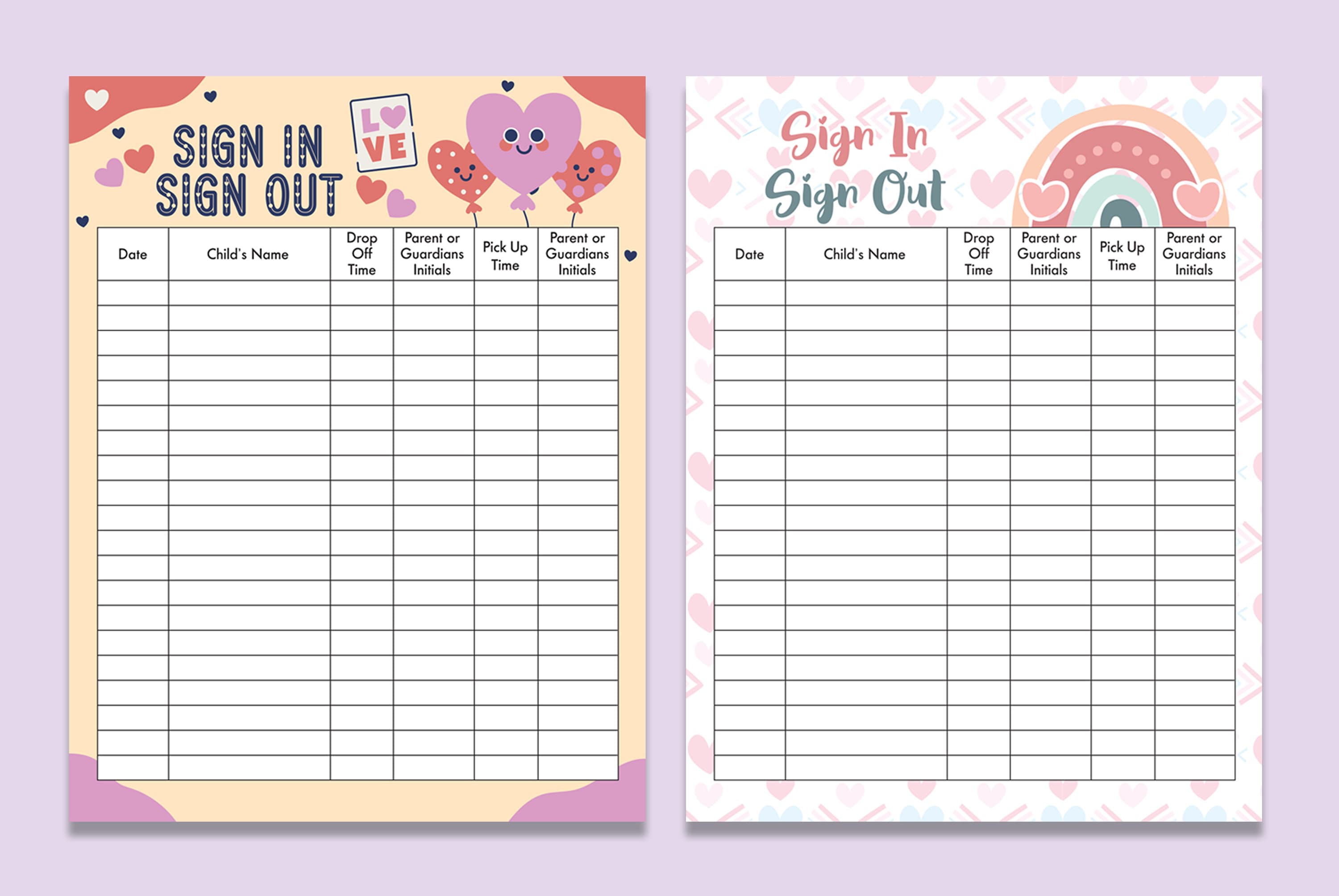 Sign in and Out Form for Daycare, Form, Preschool, Childcare, Home ...