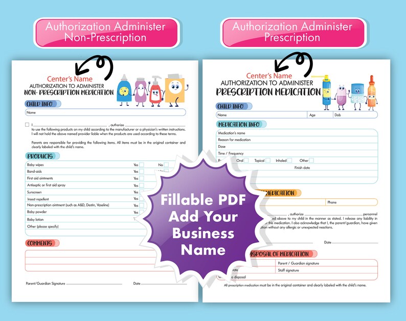Daycare Medication Authorization Forms Bundle - Prescription and Non ...