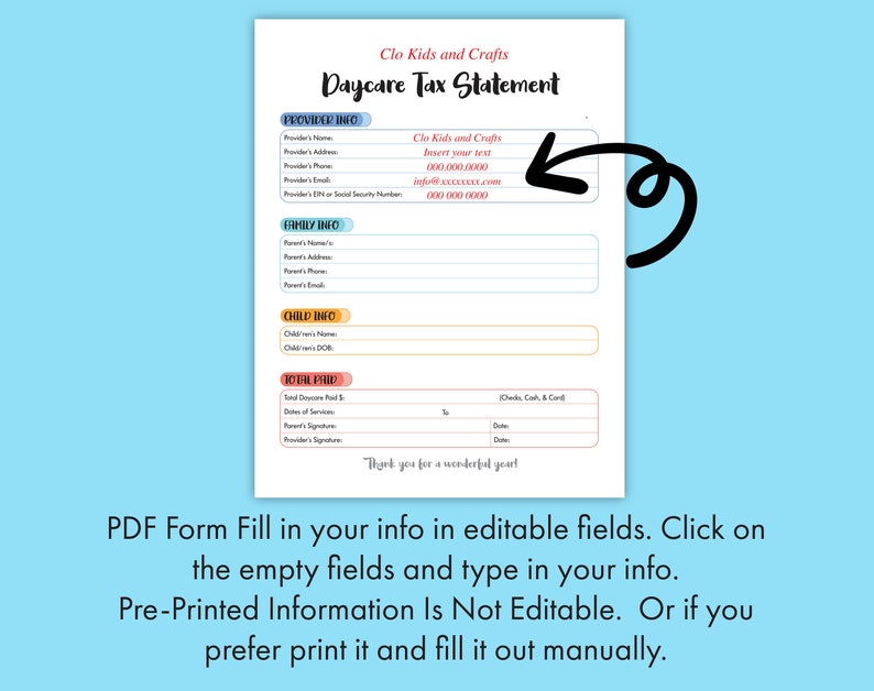 TAX STATEMENT, Childcare, Daycare, Tuition, Preschool, in Home Daycare ...