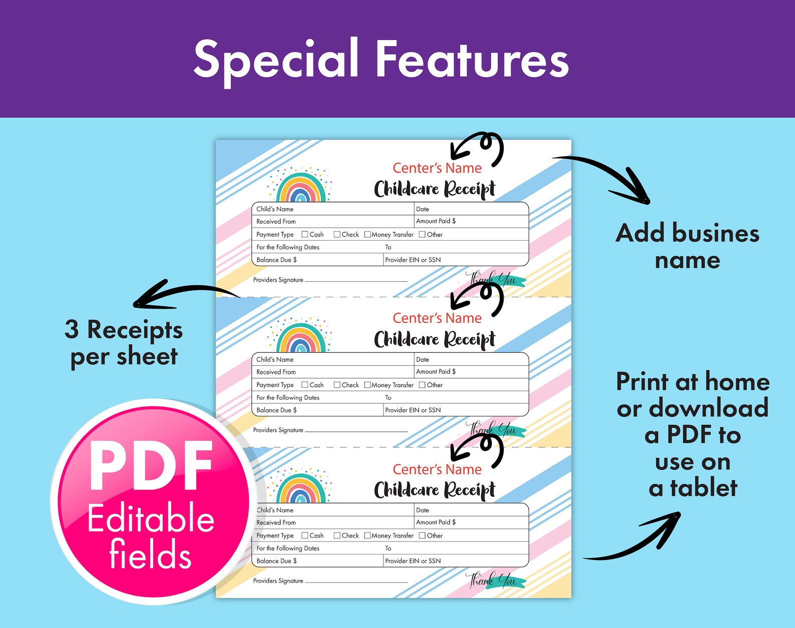 Childcare Receipt Payment Forms - Colorful Daycare Receipts for Daycare ...
