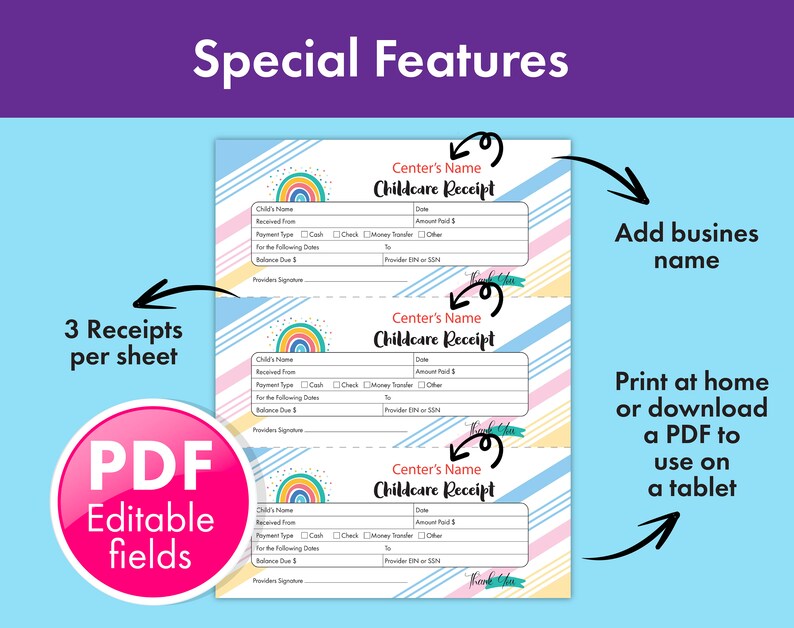Childcare Receipt Payment Forms - Colorful Daycare Receipts for Daycare ...
