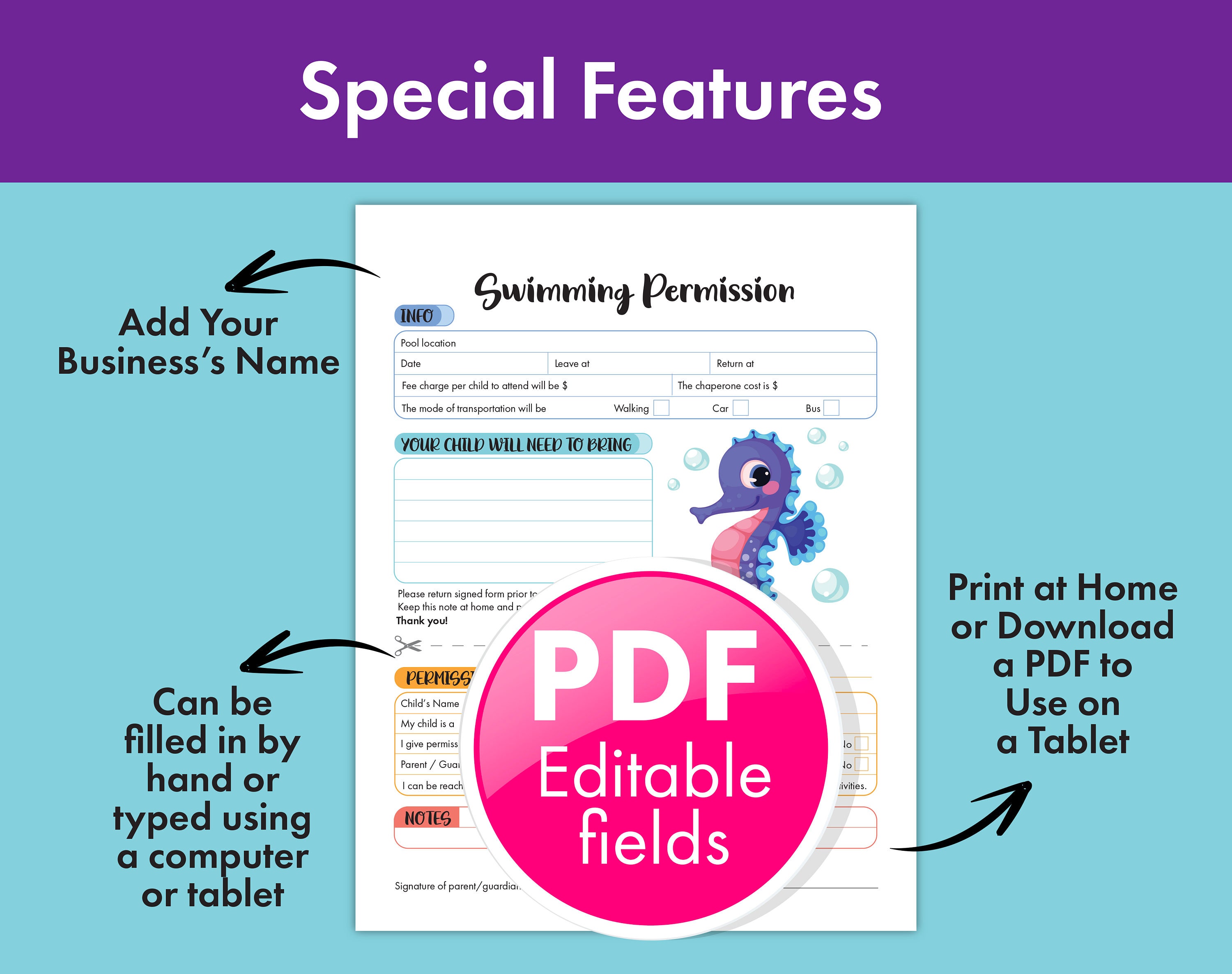 Swimming Permission Form, Daycare Swimming Authorization, Preschool ...