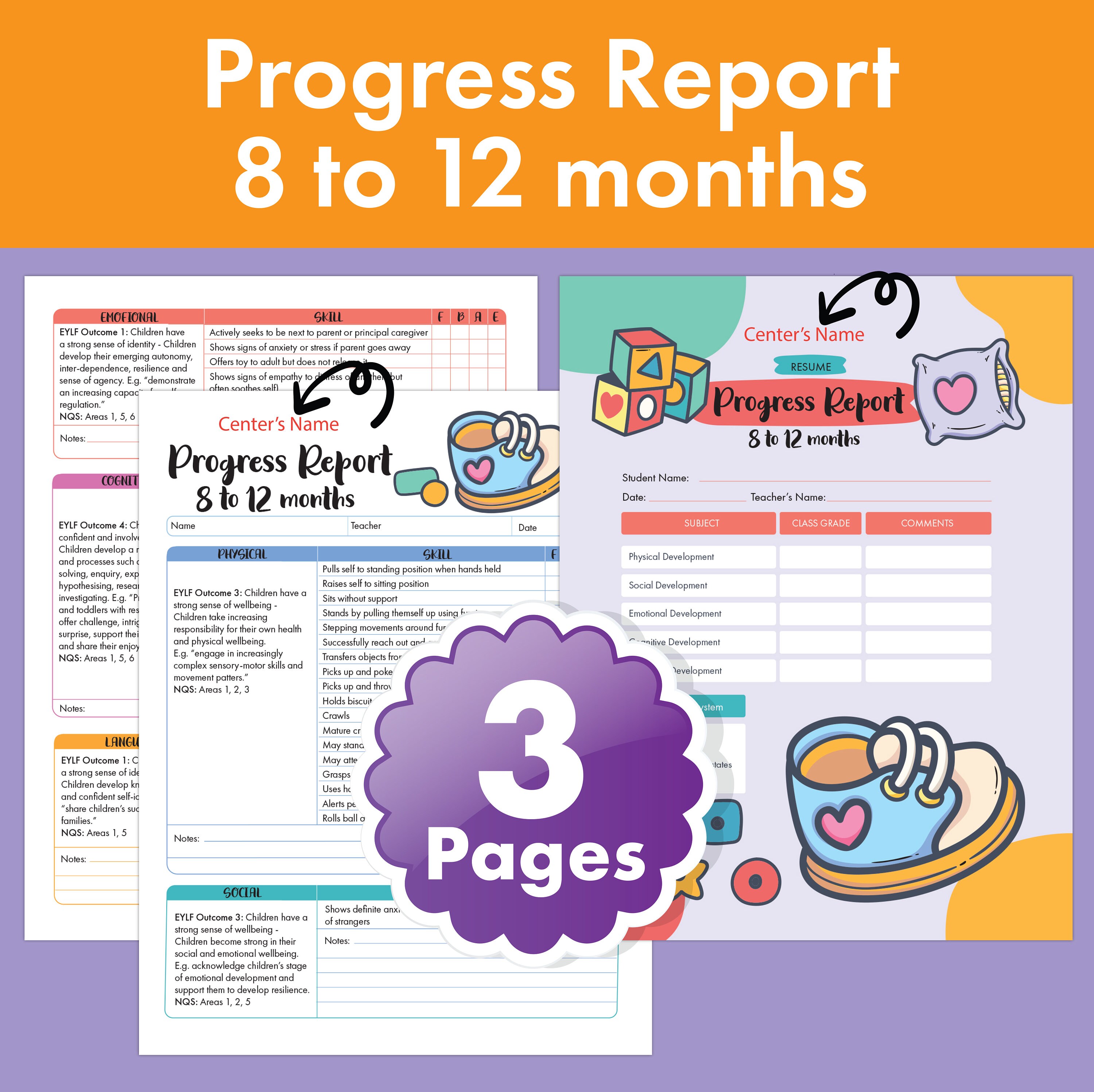 8 to 12 Months Progress Report Developmental Milestones and Fillable ...