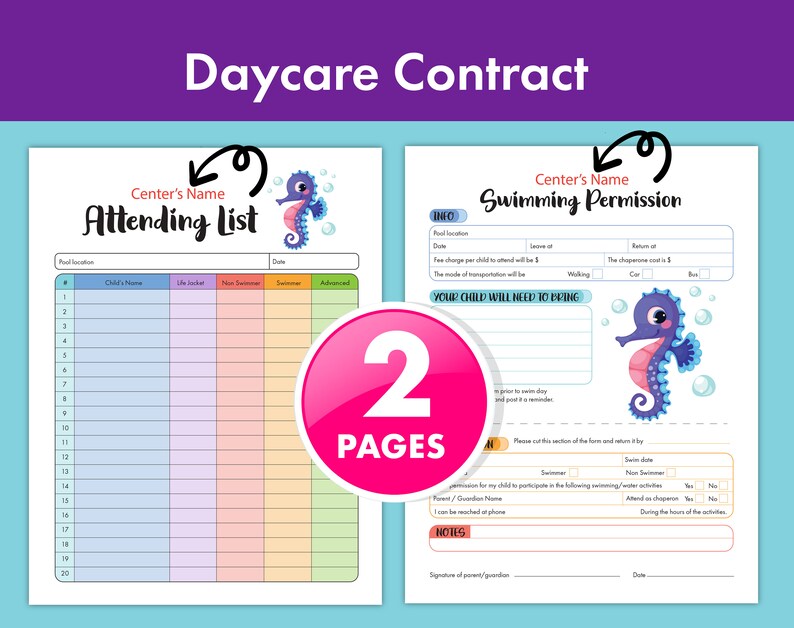 Swimming Permission Form, Daycare Swimming Authorization, Preschool ...