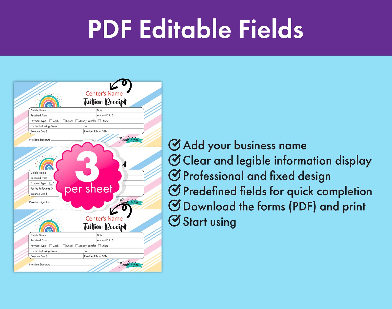 Childcare Receipt Payment Forms - Colorful Daycare Receipts for Daycare ...