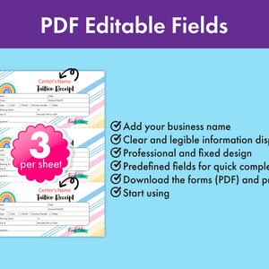 Childcare Receipt Payment Forms - Colorful Daycare Receipts for Daycare ...