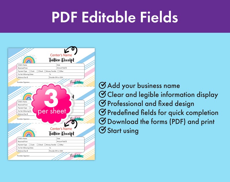 Childcare Receipt Payment Forms - Colorful Daycare Receipts for Daycare ...