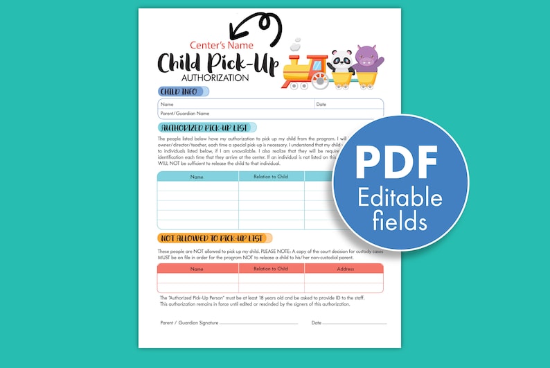 Efficient Child Pick-up Authorization Form Daycare, Preschool, In-home ...