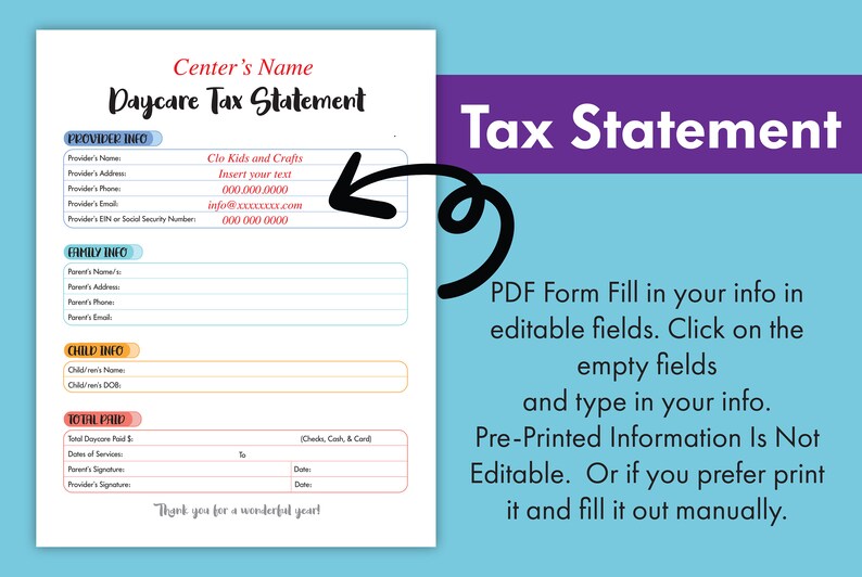 TAX STATEMENT, Childcare, Daycare, Tuition, Preschool, in Home Daycare ...