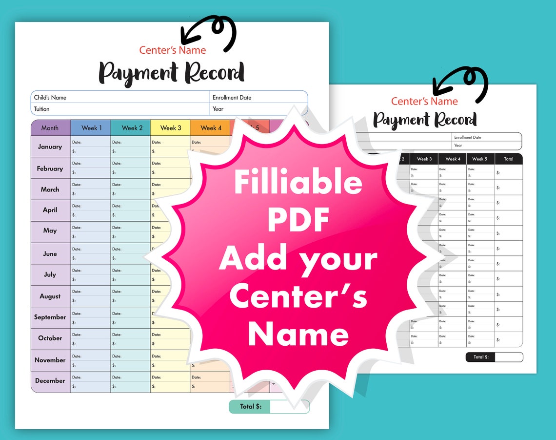 Daycare Payment Record and Tuition Log - Home Daycare, Income Tracker ...