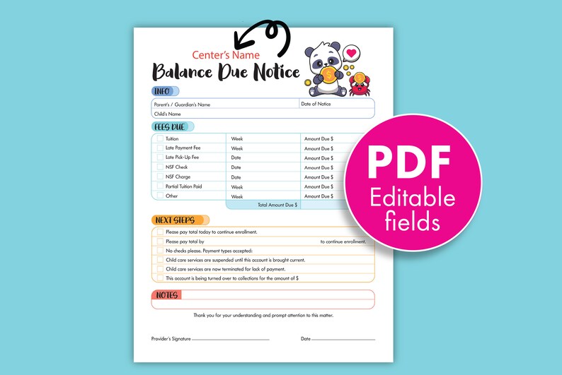 Balance Due Notice: Late Payment & Tuition Statement Fillable PDF for ...