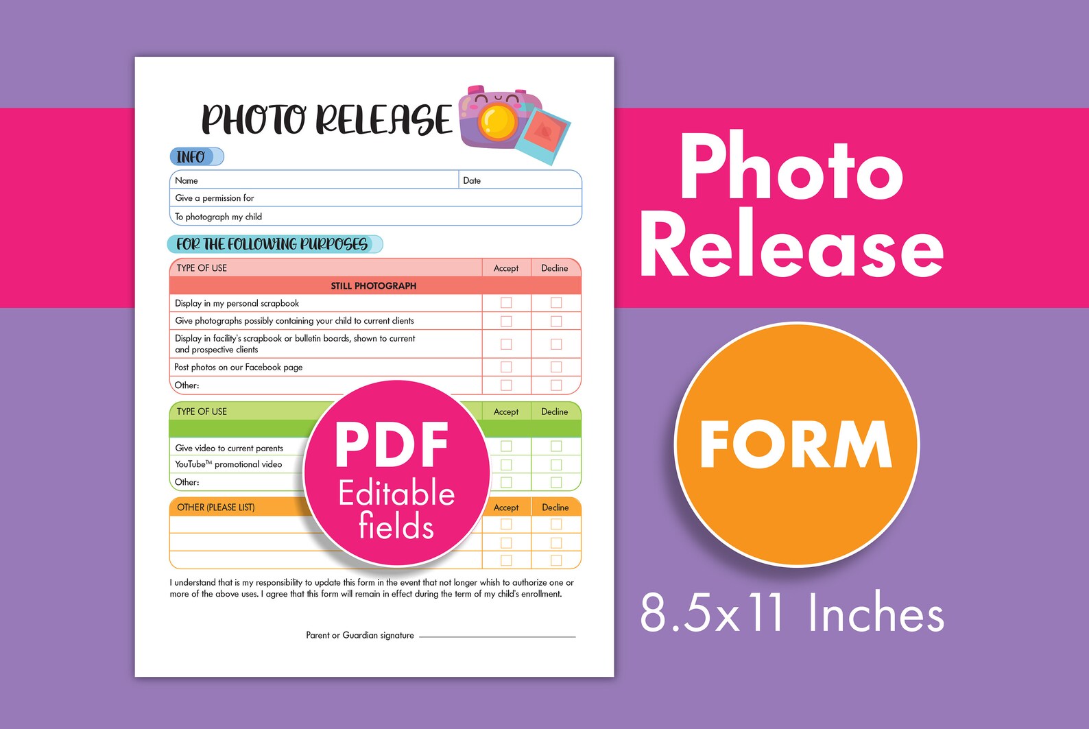 Childcare Photo Release Form Ideal for Daycare, Preschool, and In-home ...