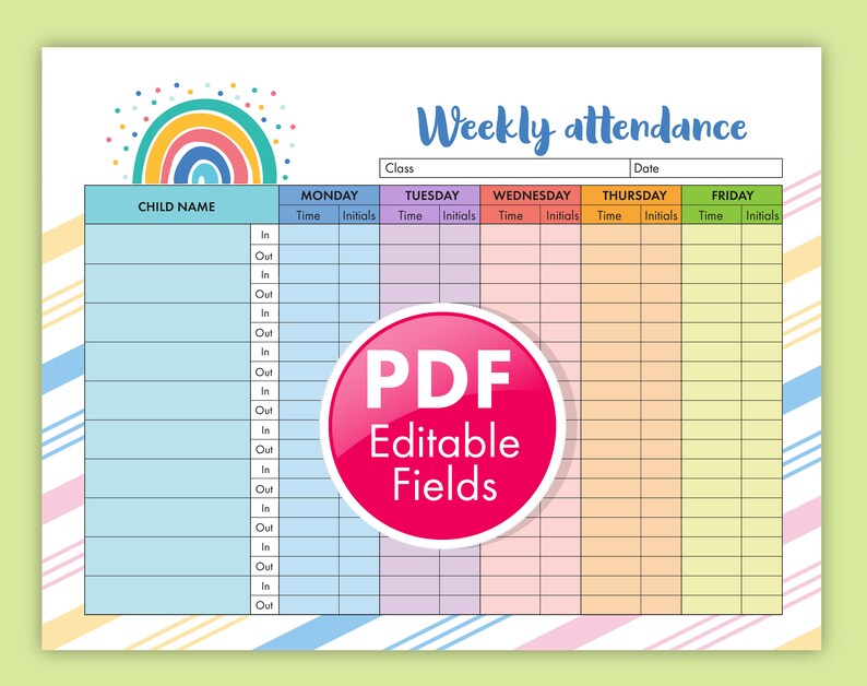 Rainbow Weekly Attendance Form - Essential for Daycare, Childcare ...