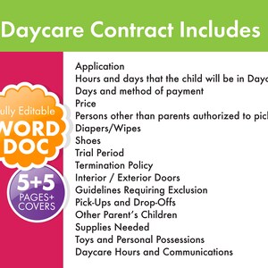 Childcare - Daycare Contract, Fully Editable Enrollment Contract, 5 ...