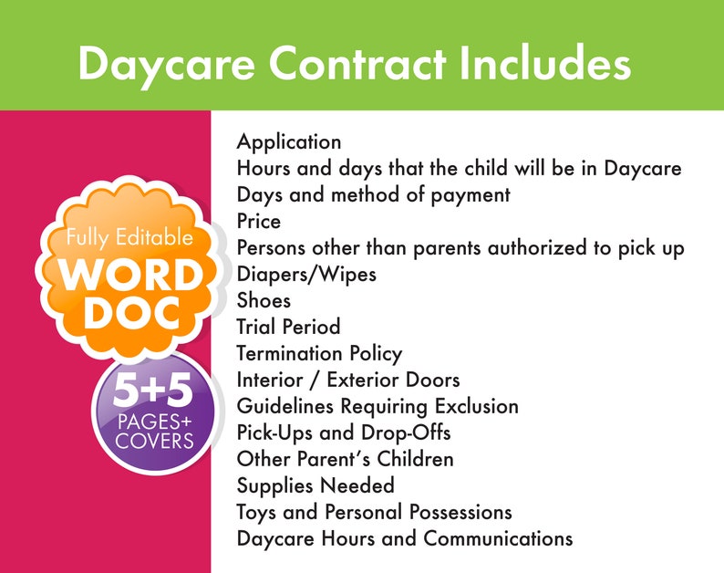 Childcare - Daycare Contract, Fully Editable Enrollment Contract, 5 ...
