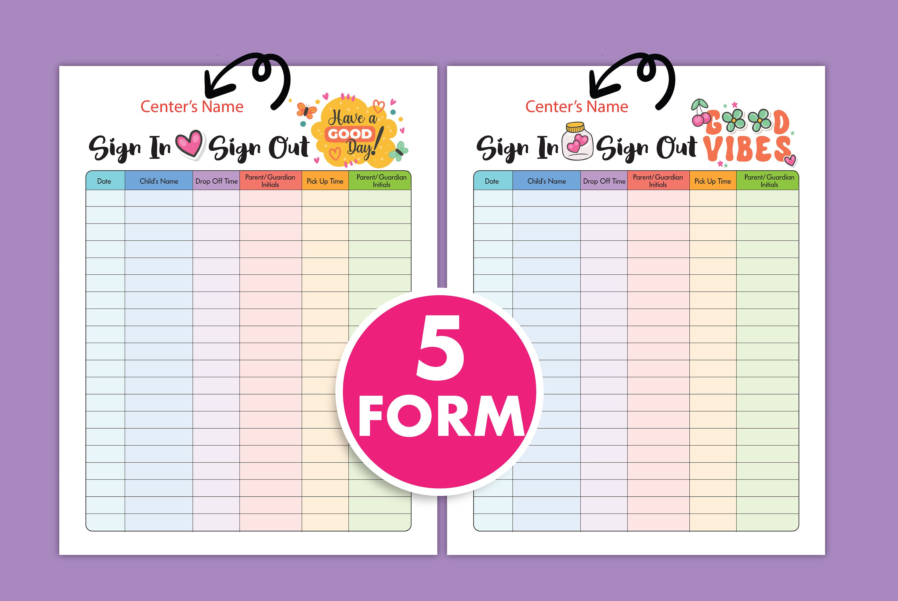 Colorful Sign in and Out Forms, Inspirational Themes, Daycare ...
