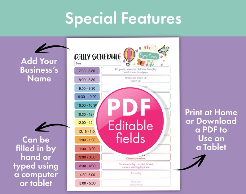 Editable Daily Daycare Schedule Template | Colorful Childcare Planner ...