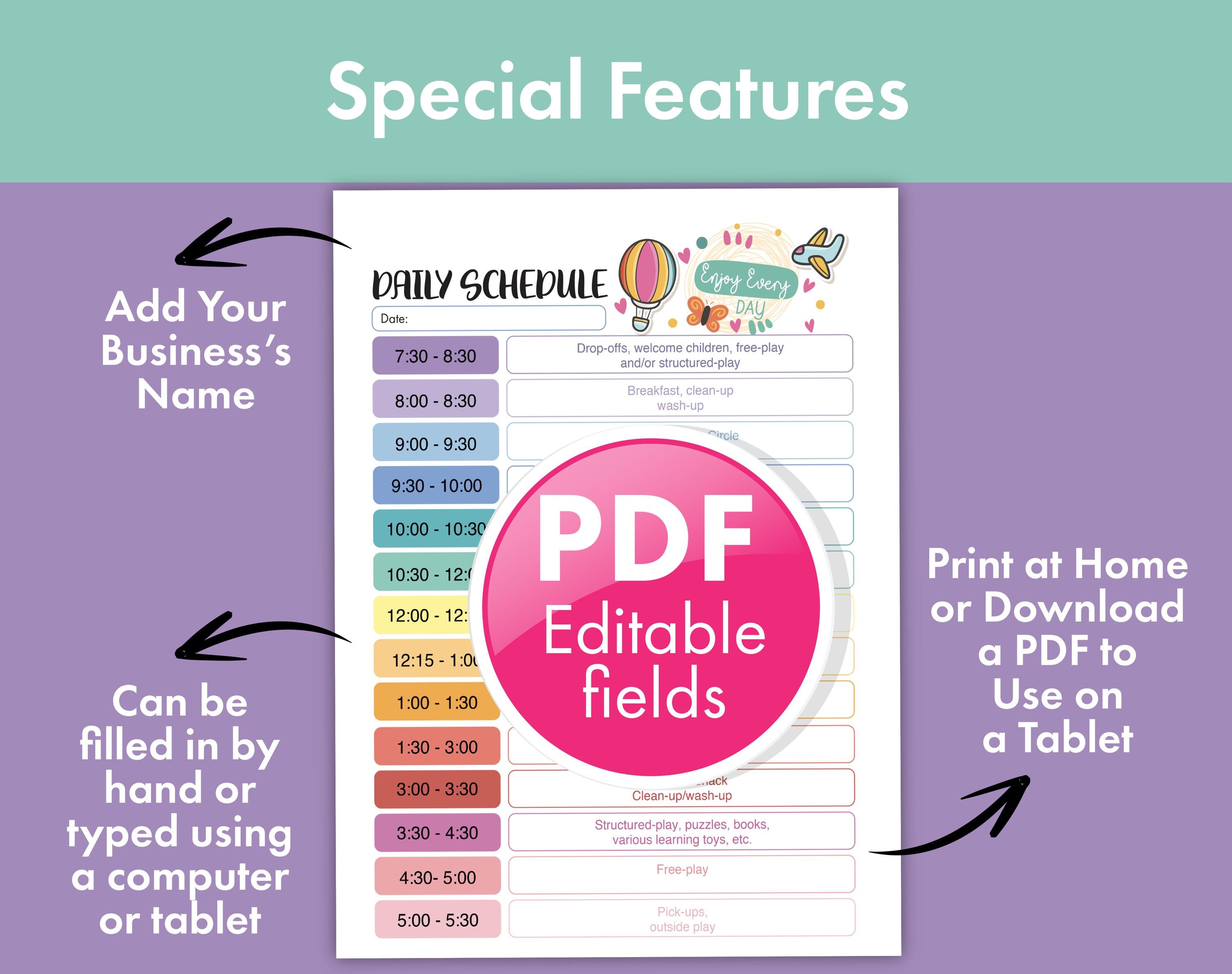 Editable Daily Daycare Schedule Template | Colorful Childcare Planner ...