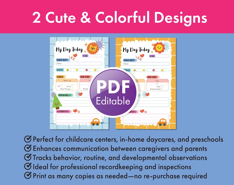 Daily Report Form for Daycare and Preschool | 2 per Page | Editable PDF ...