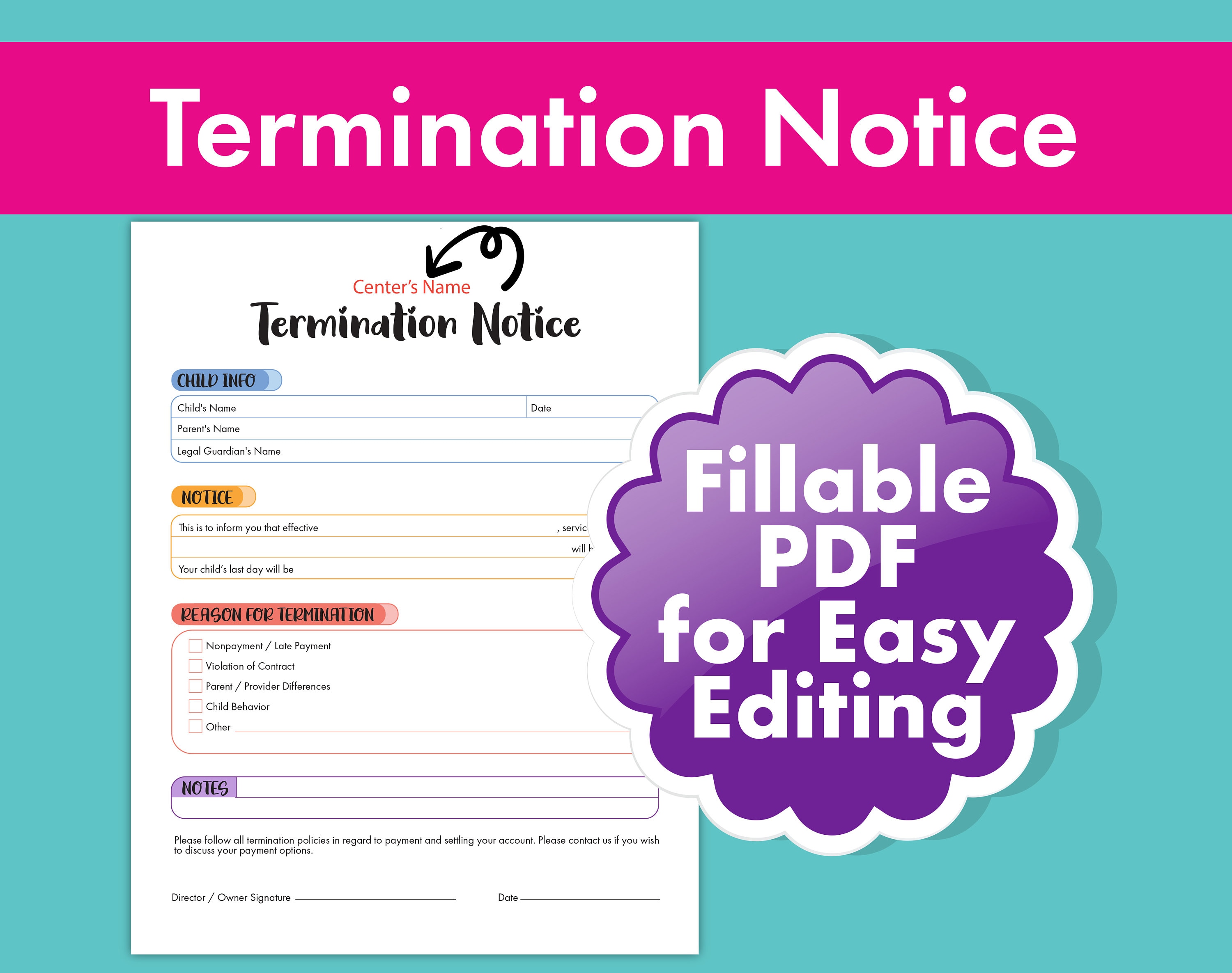 Daycare Termination Notice - Termination Letter for Parents - Childcare ...