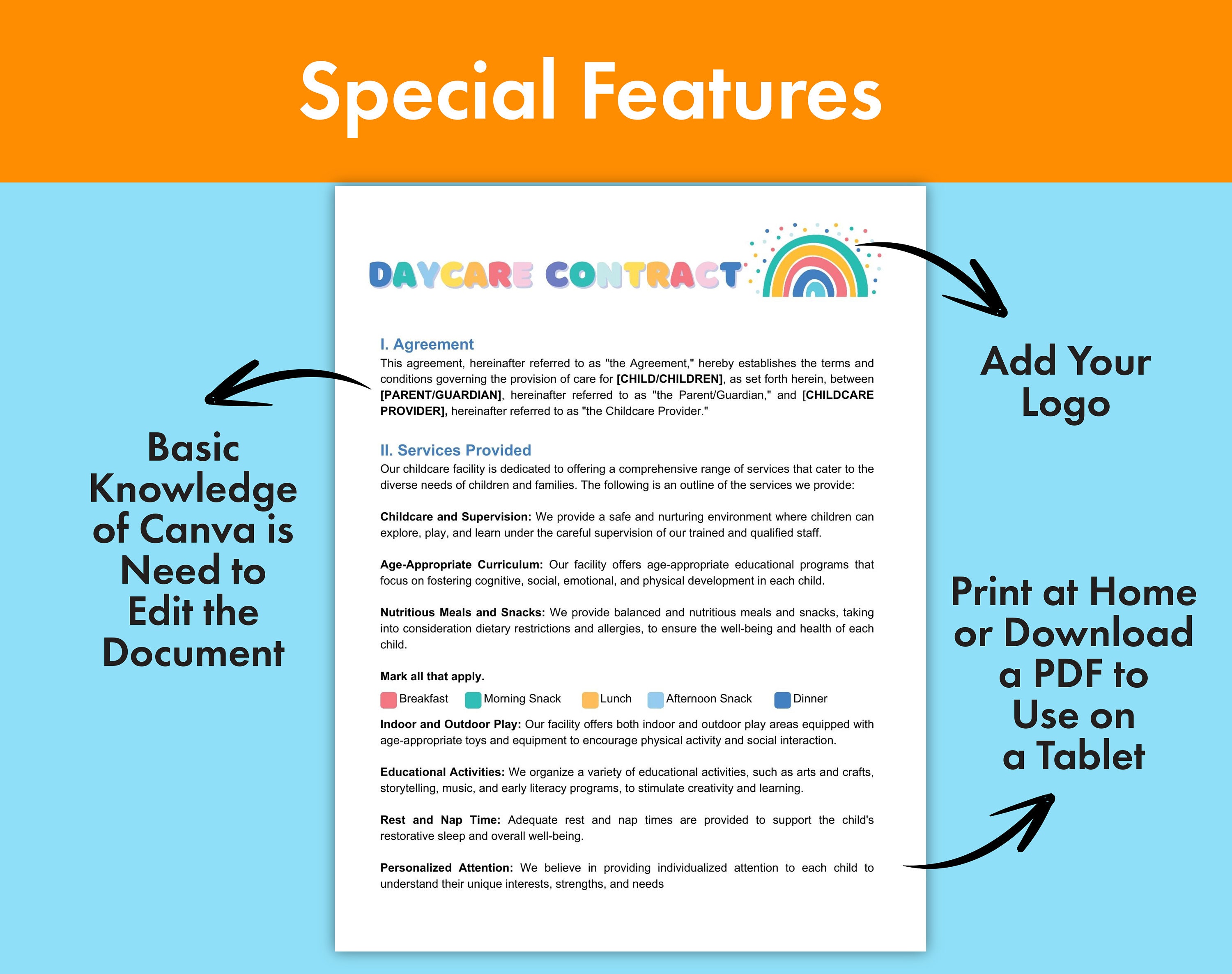 Daycare Contract Template - Ideal for Preschools, Childcare Businesses ...
