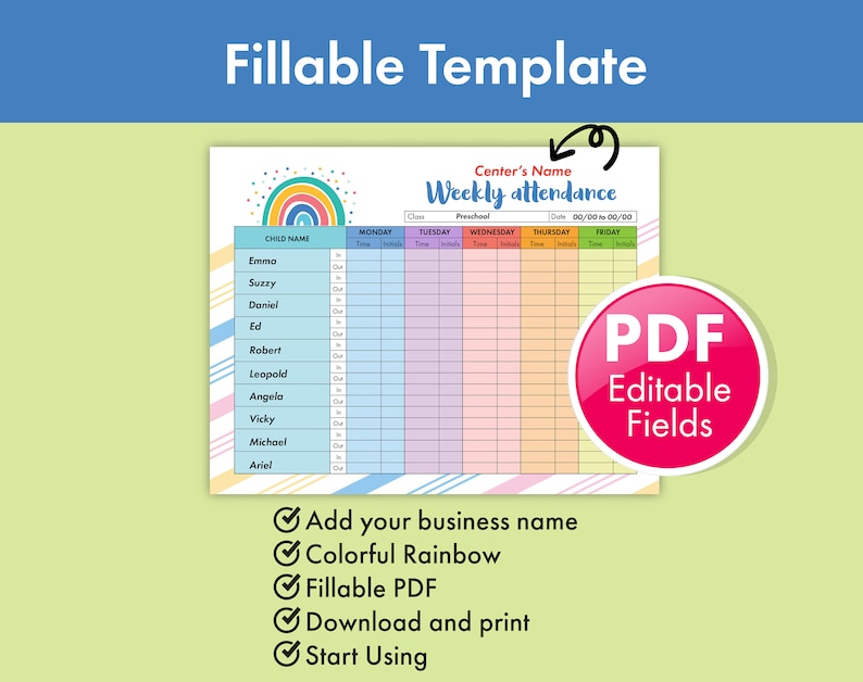 Rainbow Weekly Attendance Form - Essential for Daycare, Childcare ...