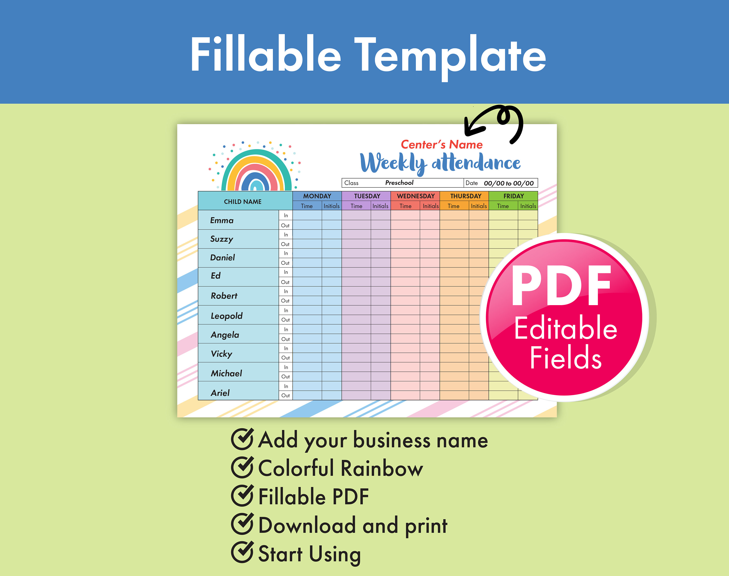 Rainbow Weekly Attendance Form - Essential for Daycare, Childcare ...