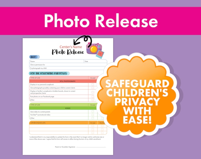 Childcare Photo Release Form/ Photo Permission Form for Childcare and ...