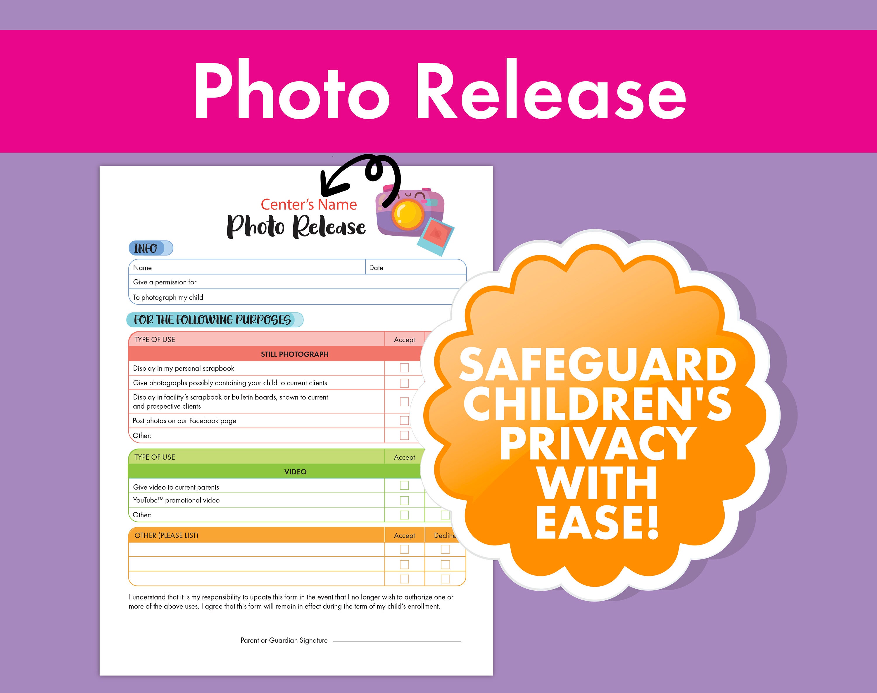Childcare Photo Release Form - Daycare, Preschool, In-home Providers ...