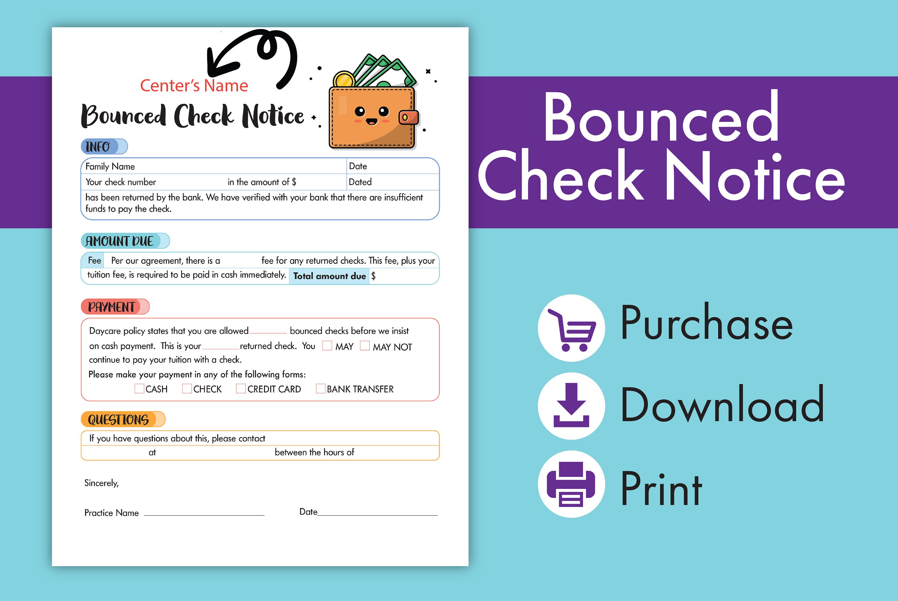 Bounced Check Notice Form for Daycare Providers - Fillable PDF Template ...