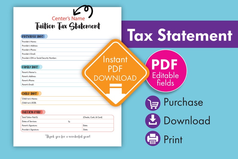 TAX STATEMENT, Childcare, Daycare, Tuition, Preschool, in Home Daycare ...